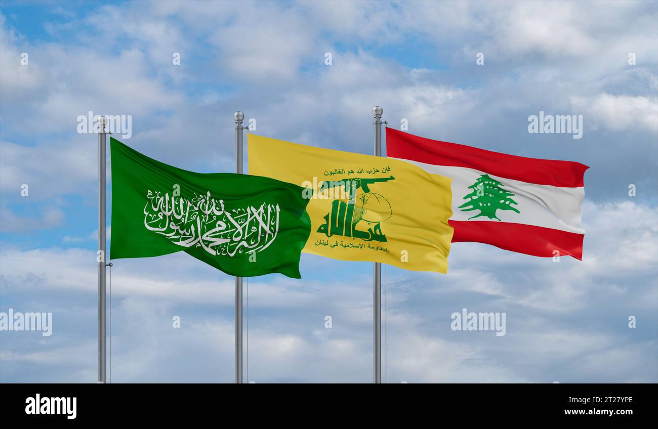 Hamas, Hezbollah and Lebanon flag waving together in the wind Stock ...