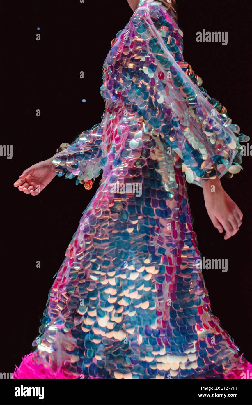 Fancy details of Haute couture glittering party silver pink dress ...