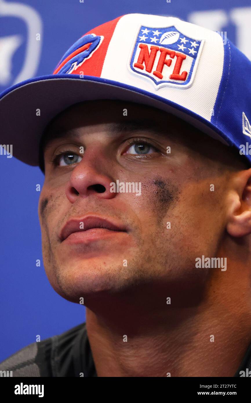 Buffalo Bills safety Jordan Poyer (21) listens to a reporter's ...
