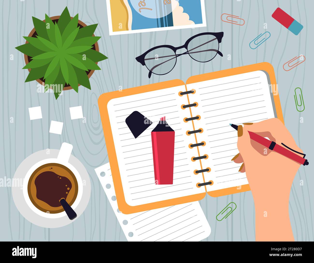 Top View Of Womans Hand Drawing In Notebook. Vector Illustration In ...