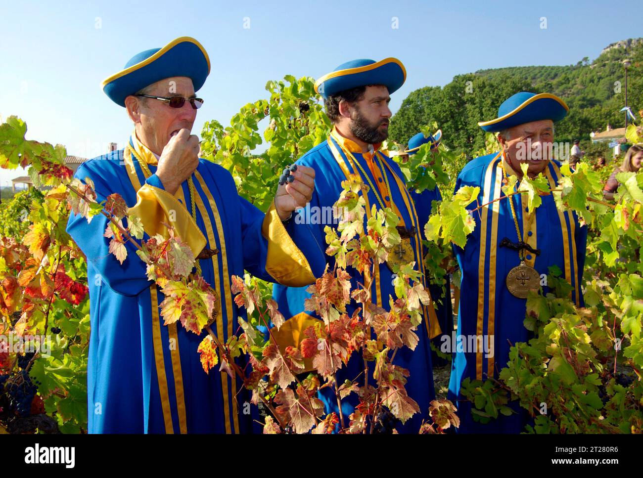 Members of the Compagnie de la Côte-du-Rône Gardoise, dressed in blue ...