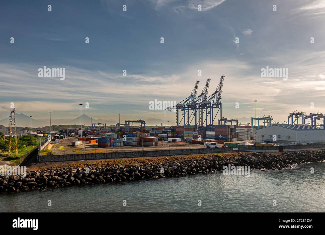 Guatemala, Puerto Quetzal - July 20, 2023: Morning light on container ...