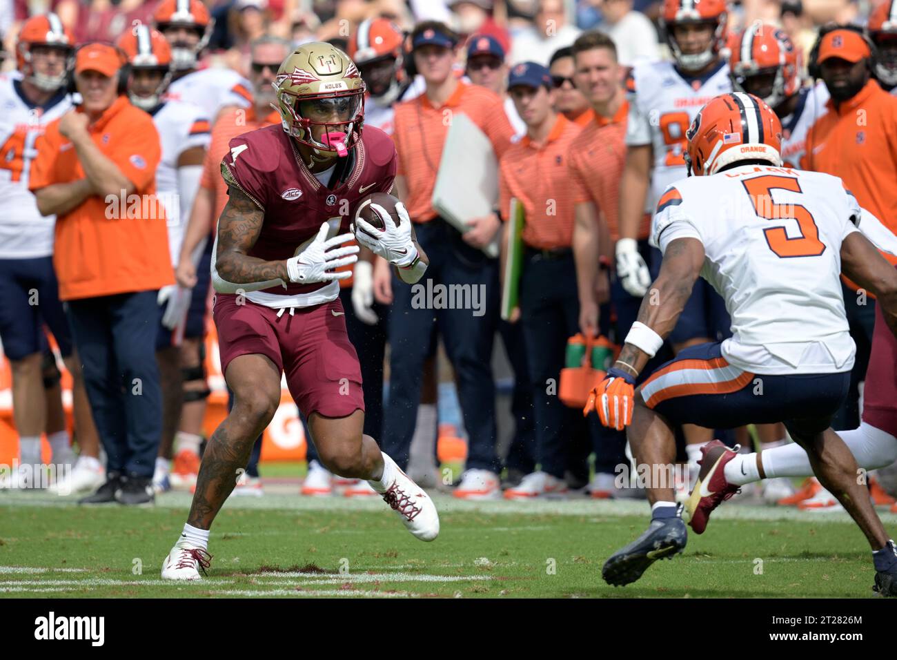 Florida State wide receiver Keon Coleman (4) runs after catching a pass ...