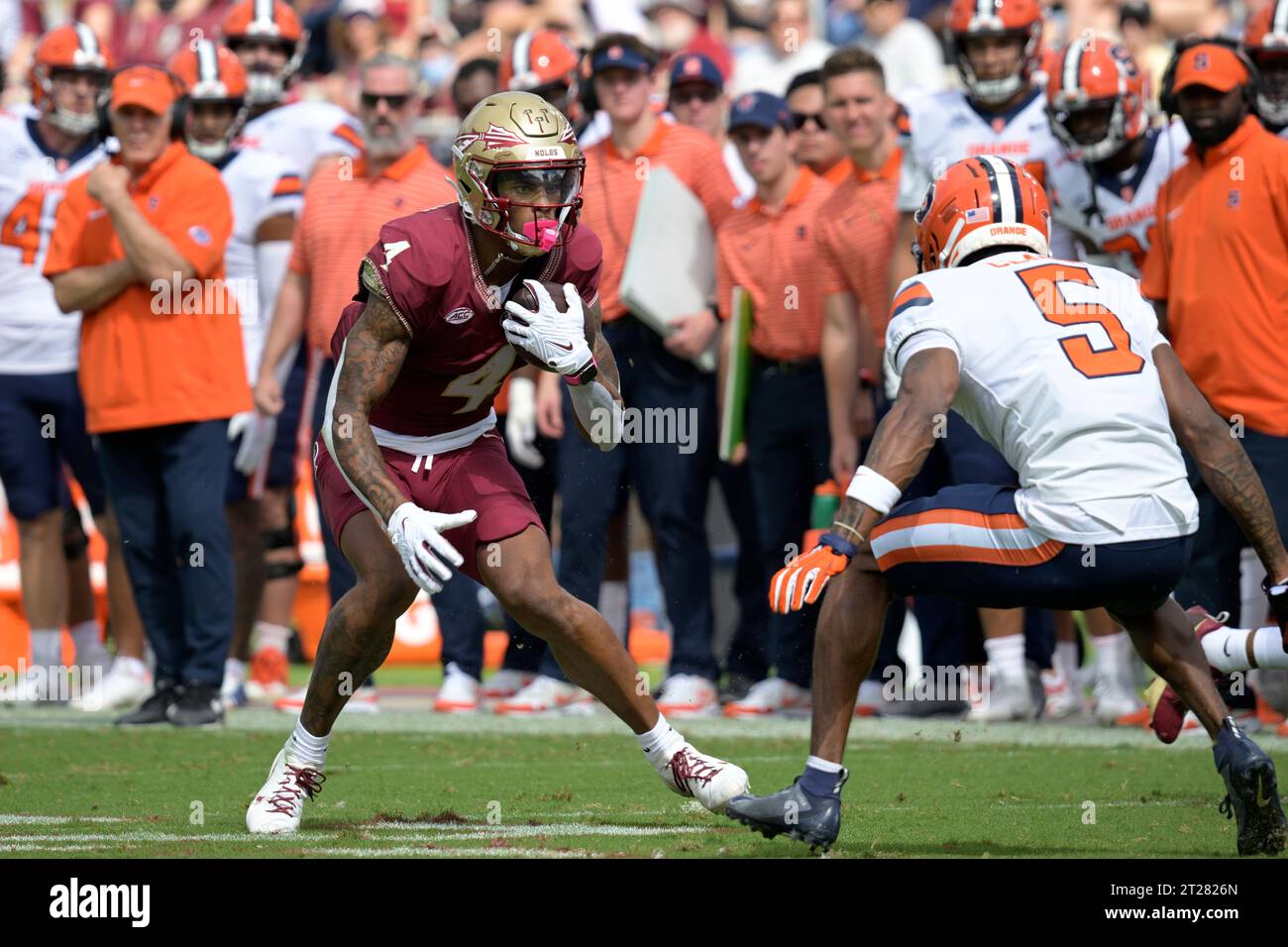 Florida State wide receiver Keon Coleman (4) runs after catching a pass ...