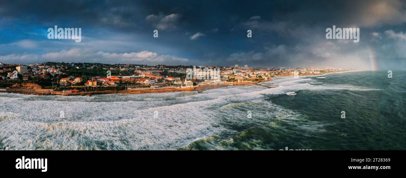 Aerial drone panoramic view of Cascais coastline with a rainbow ...