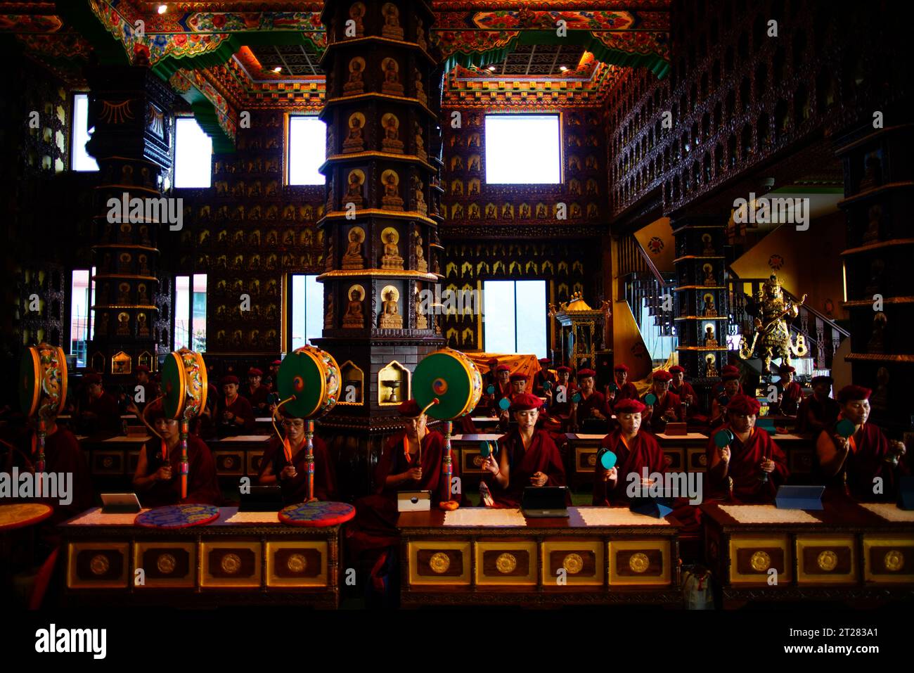 Ramkot, Nepal. 18th Aug, 2023. Kung Fu Nuns perform prayers at the main ...
