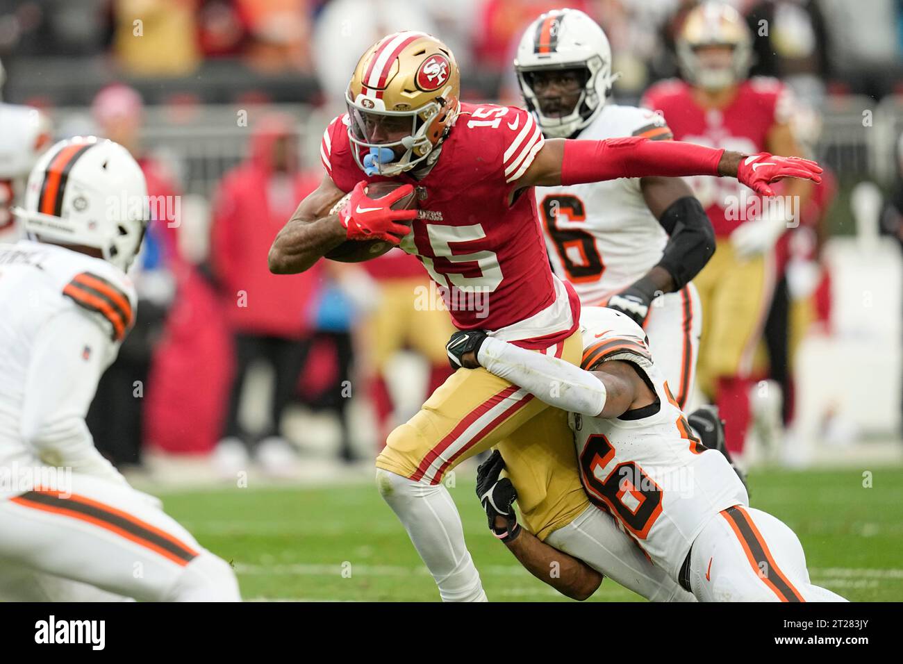 San Francisco 49ers wide receiver Jauan Jennings (15) is tackled by ...