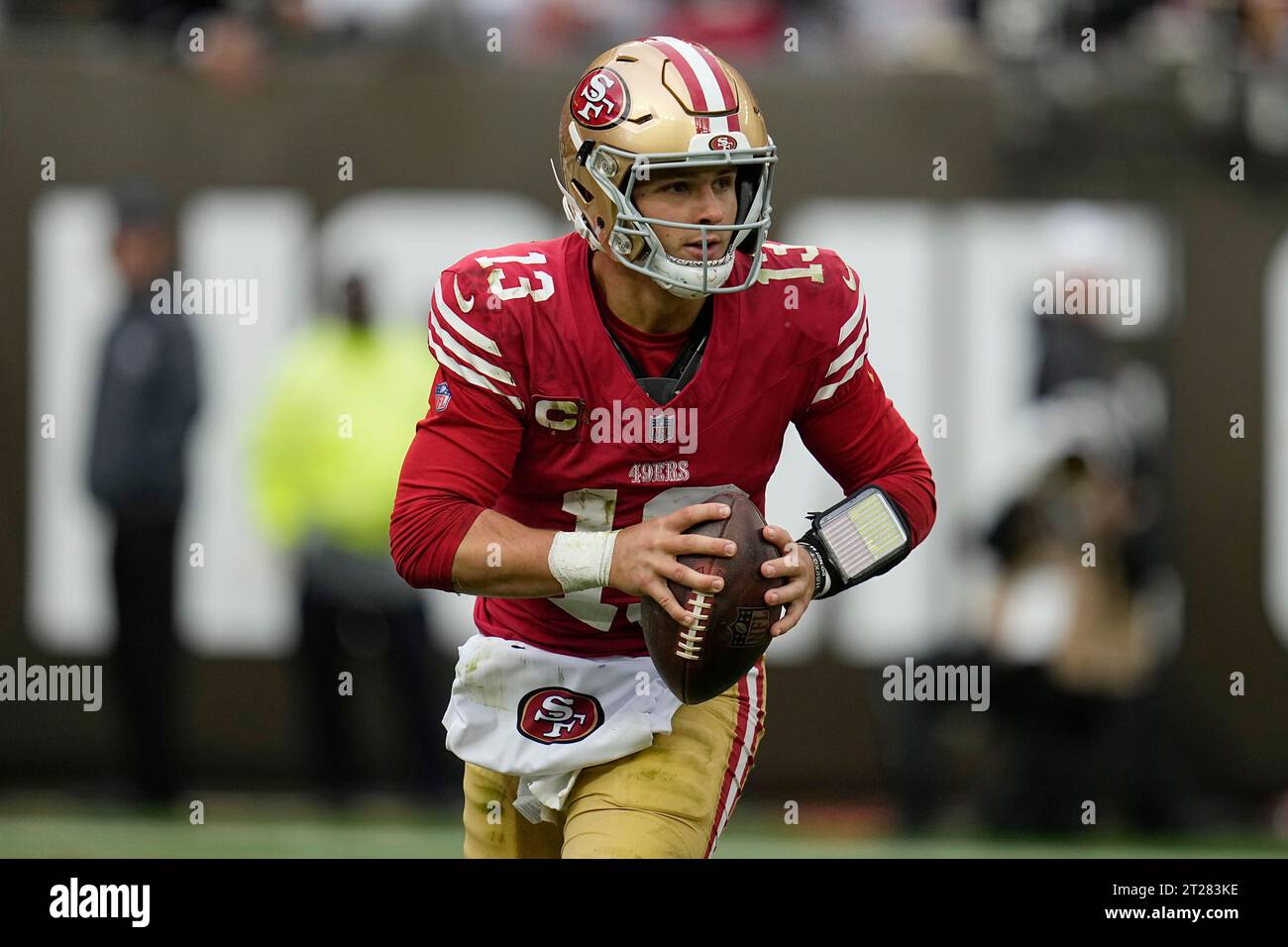 San Francisco 49ers quarterback Brock Purdy (13) is pressured by ...