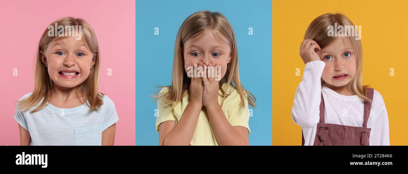 Collage with photos of embarrassed little girl on different color ...
