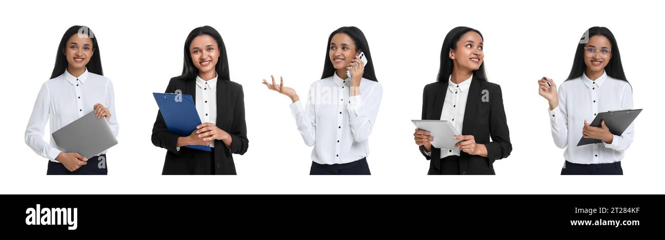 Collage with photos of beautiful secretary on white background Stock ...