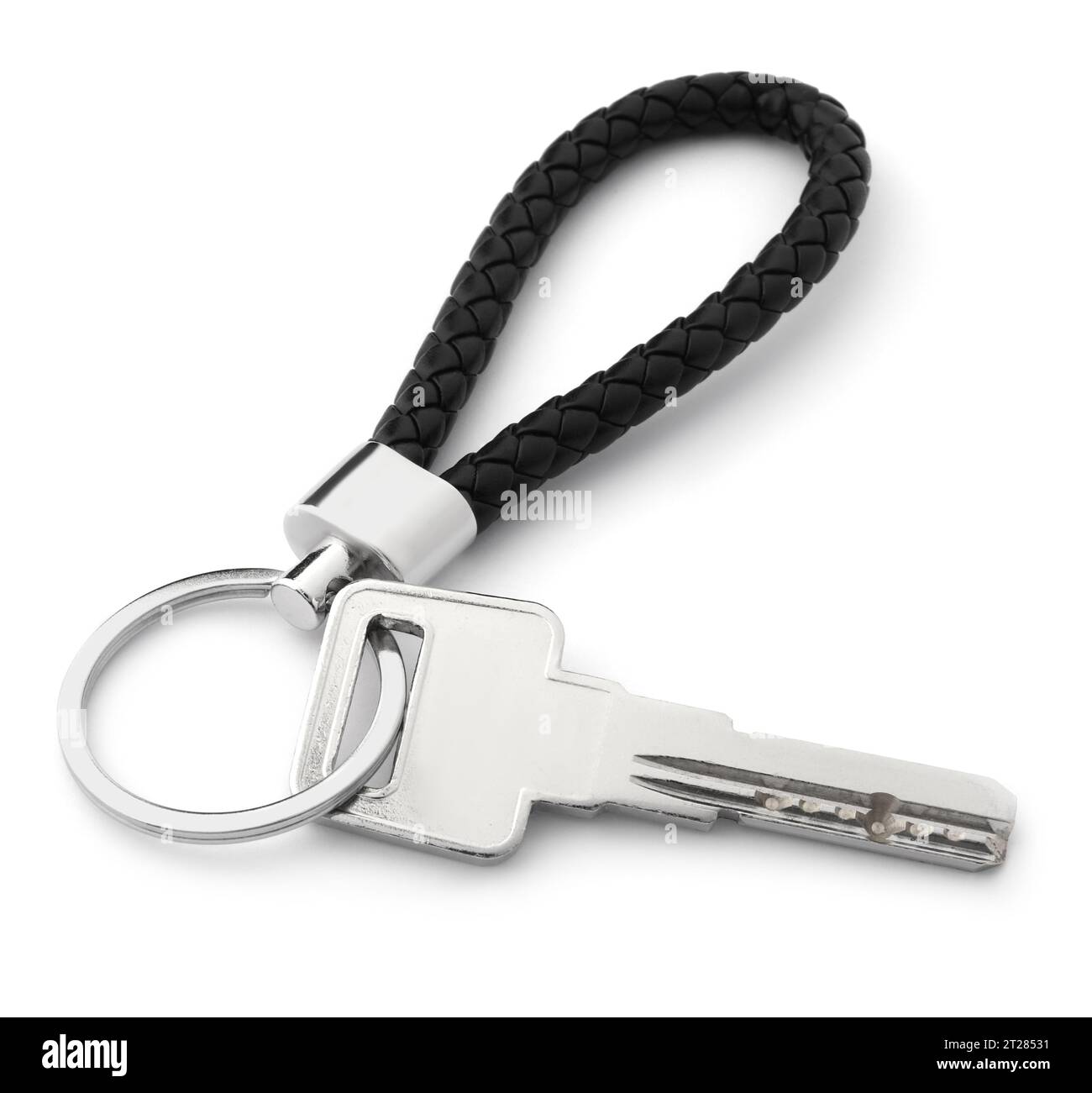 Key with black leather keychain isolated on white Stock Photo - Alamy