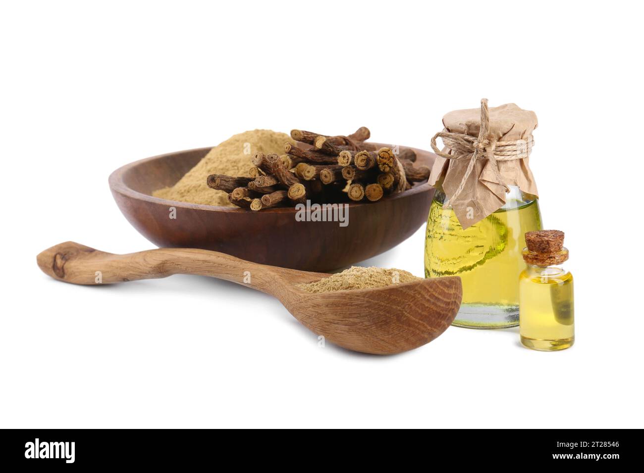 Dried sticks of licorice root, powder and essential oil isolated on ...