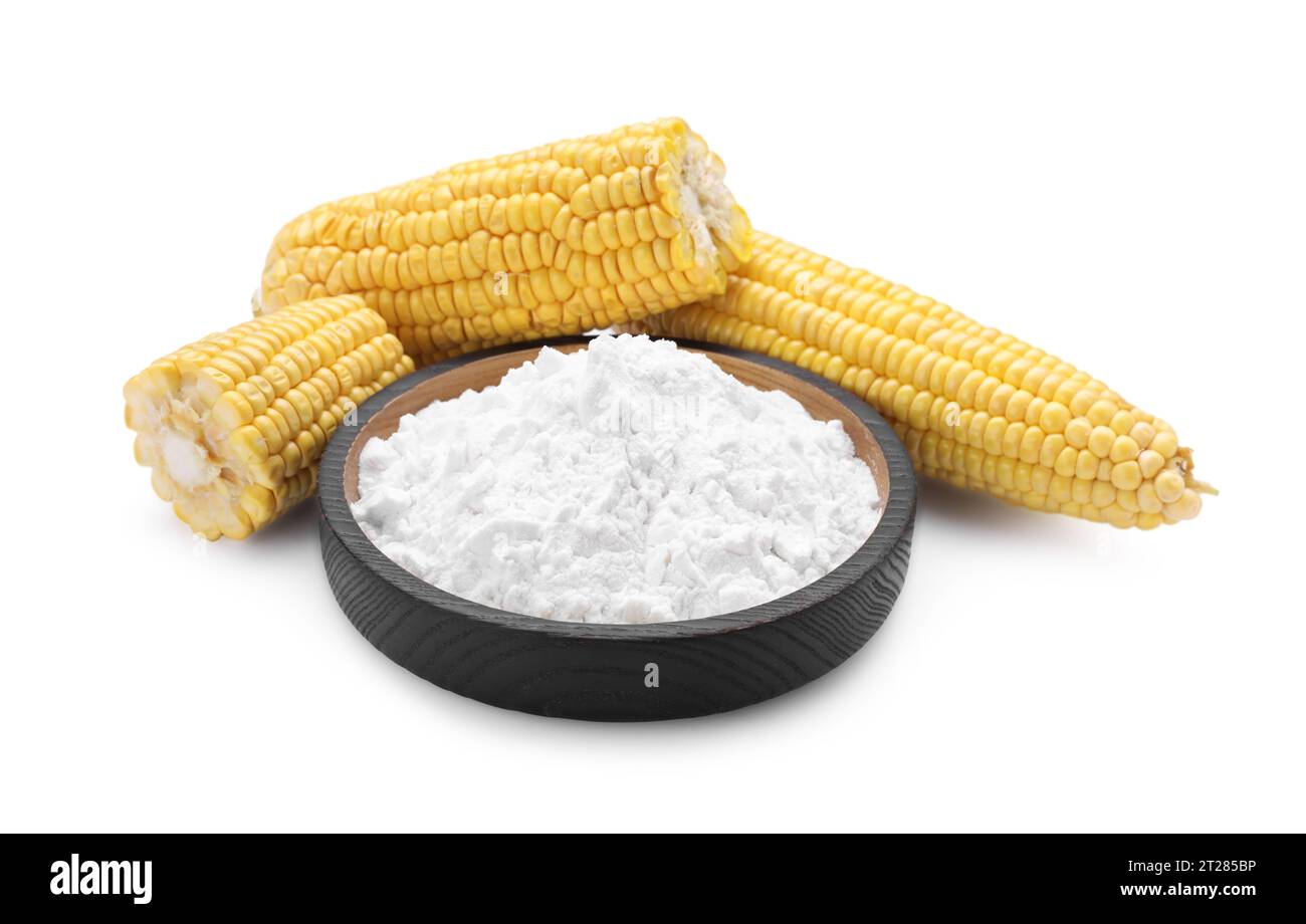 Bowl of corn starch and ripe cobs on white background Stock Photo - Alamy