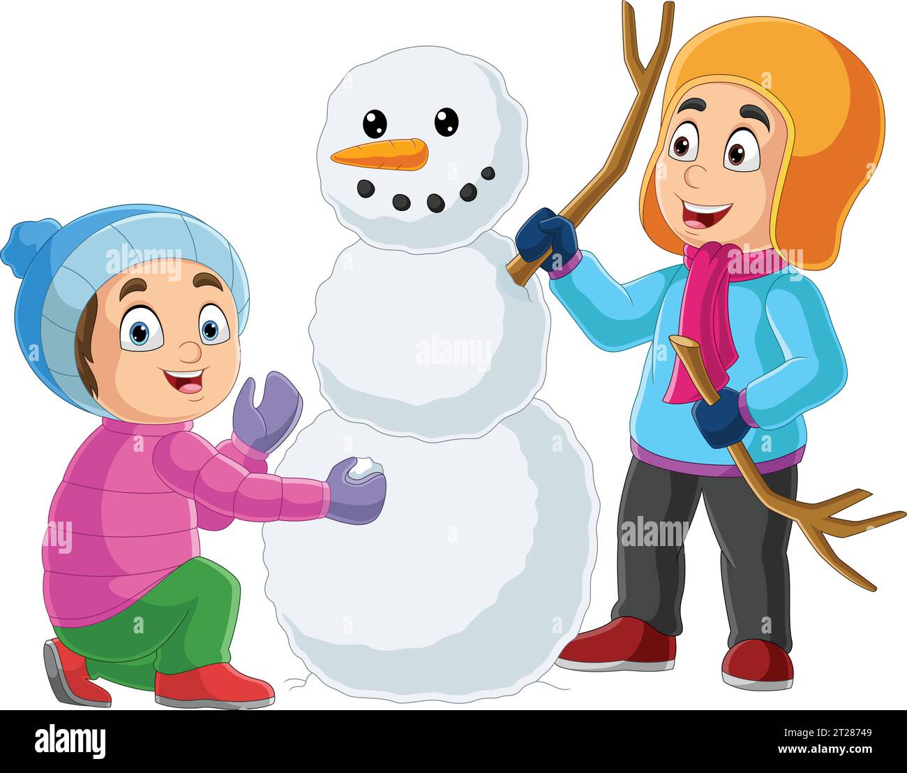 Cartoon happy kids with a snowman Stock Vector Image & Art - Alamy