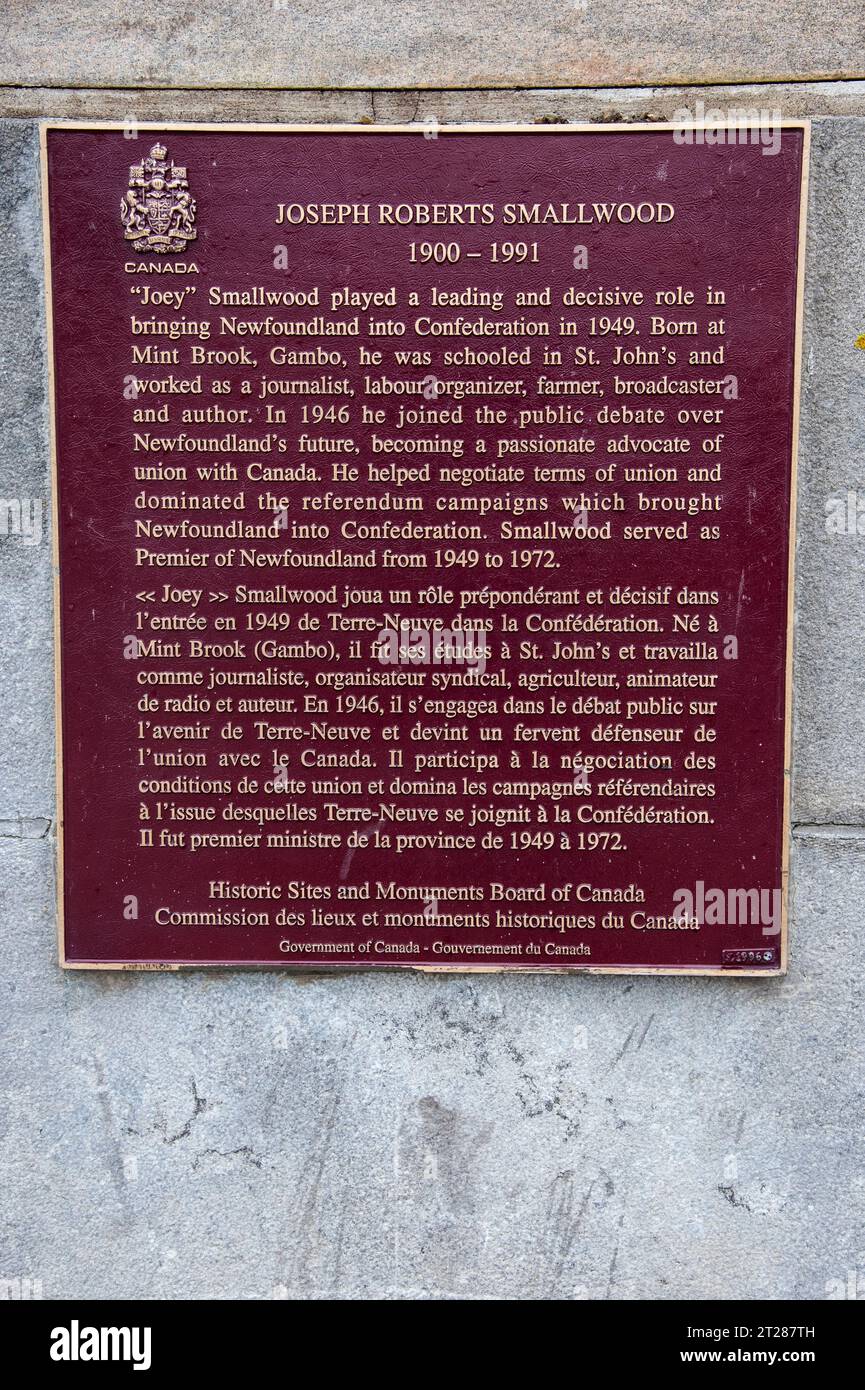Plaque dedicated to Joseph Smallwood, first premier, at the provincial ...