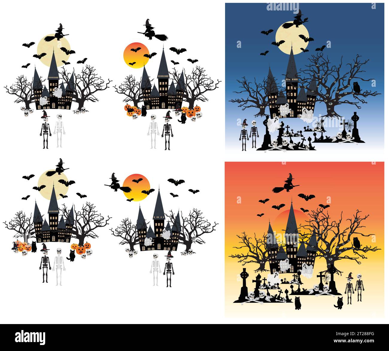Halloween vectors, halloween castles vector with skeletons, spooky ...