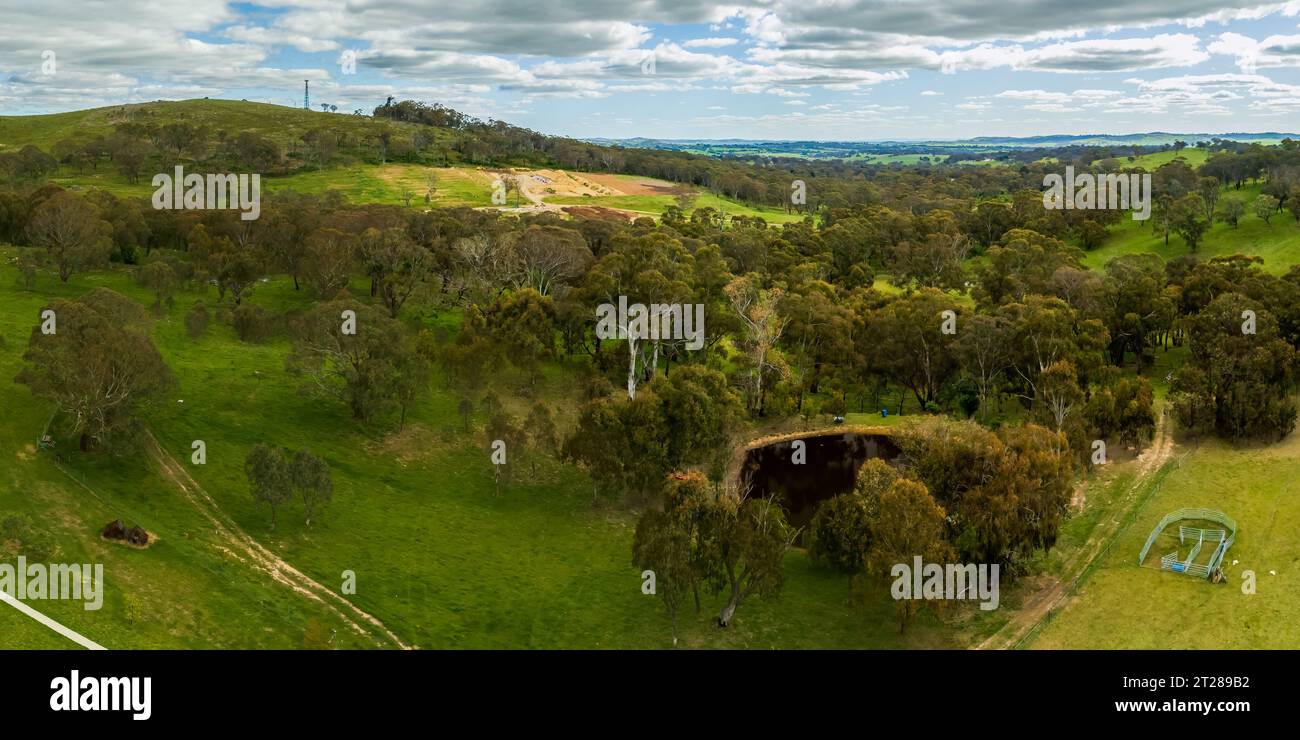 Aerial scenic panorama views over a rural property at Blayney in the ...