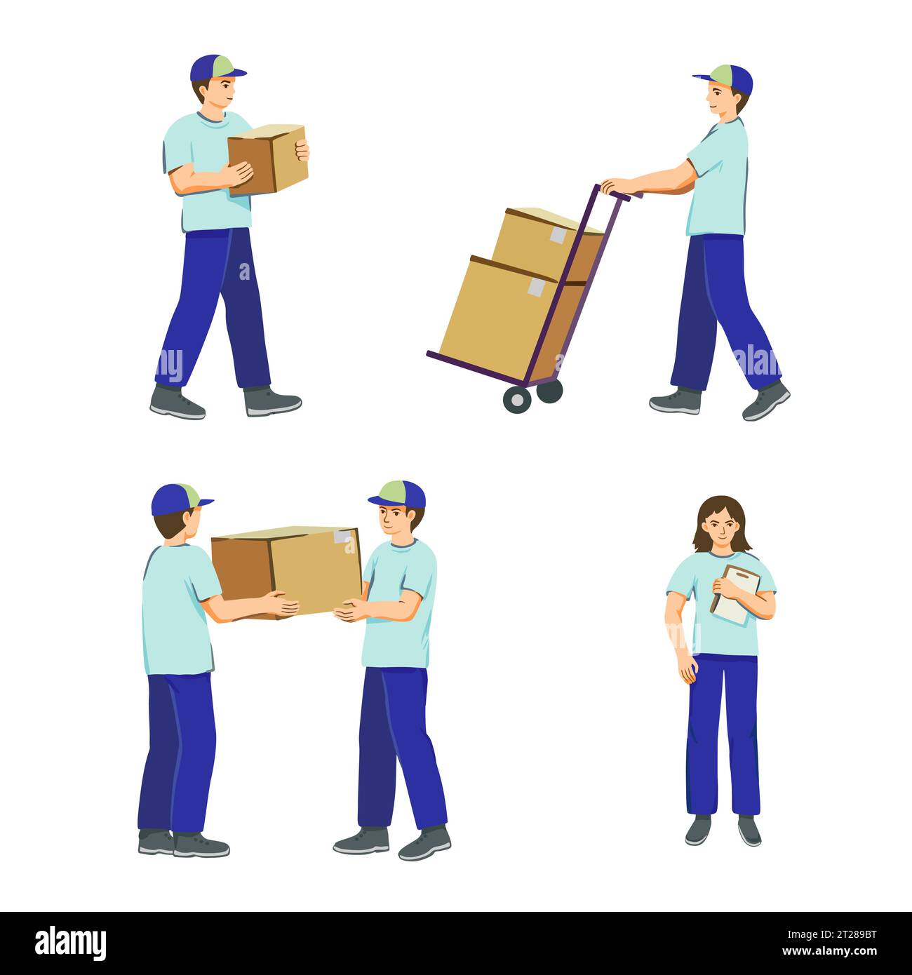 Movers and delivery workers carrying boxes. Loaders with parcels ...