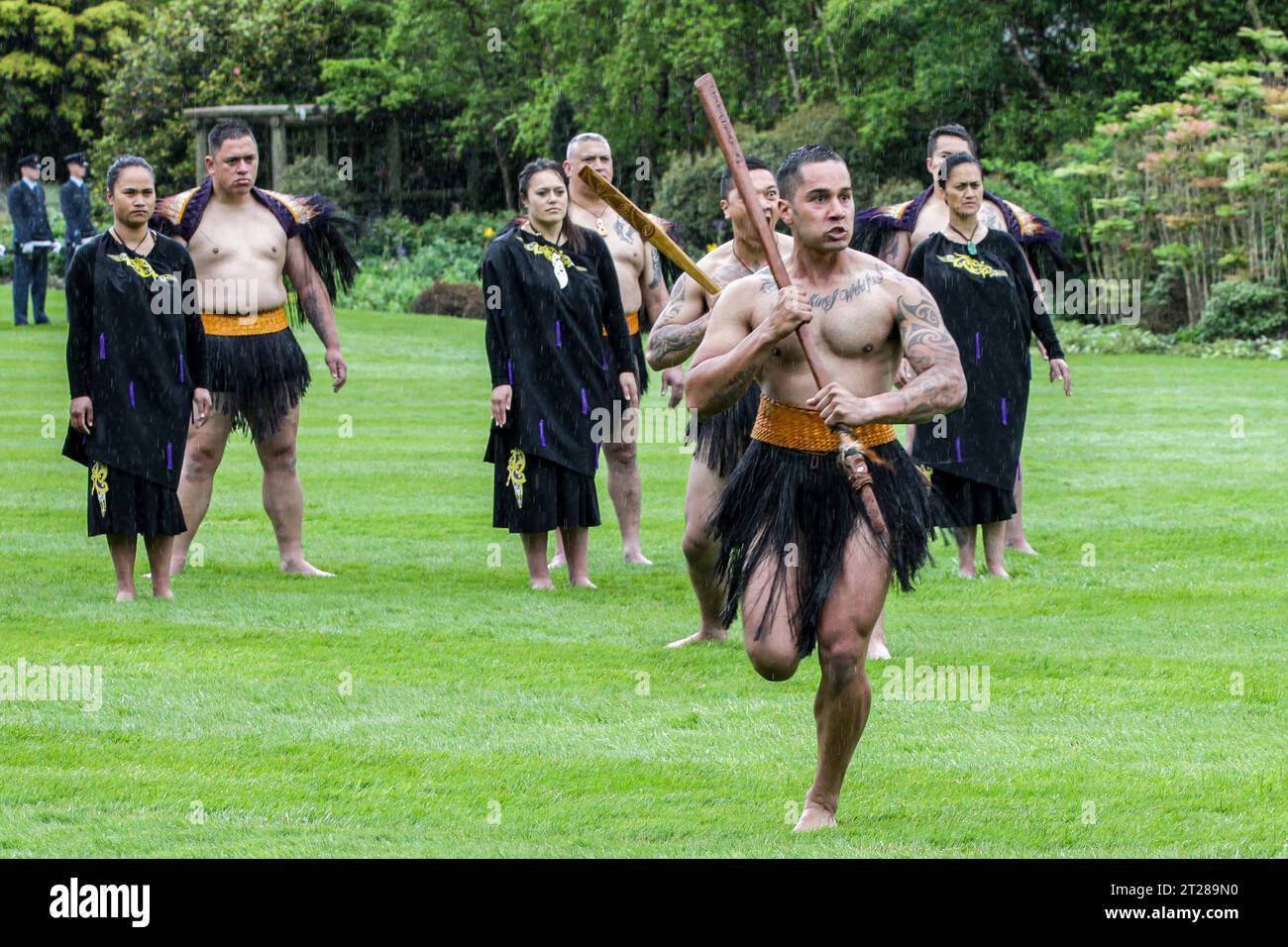 Maori warriors performs a powhiri (maori welcome) for King Willem ...