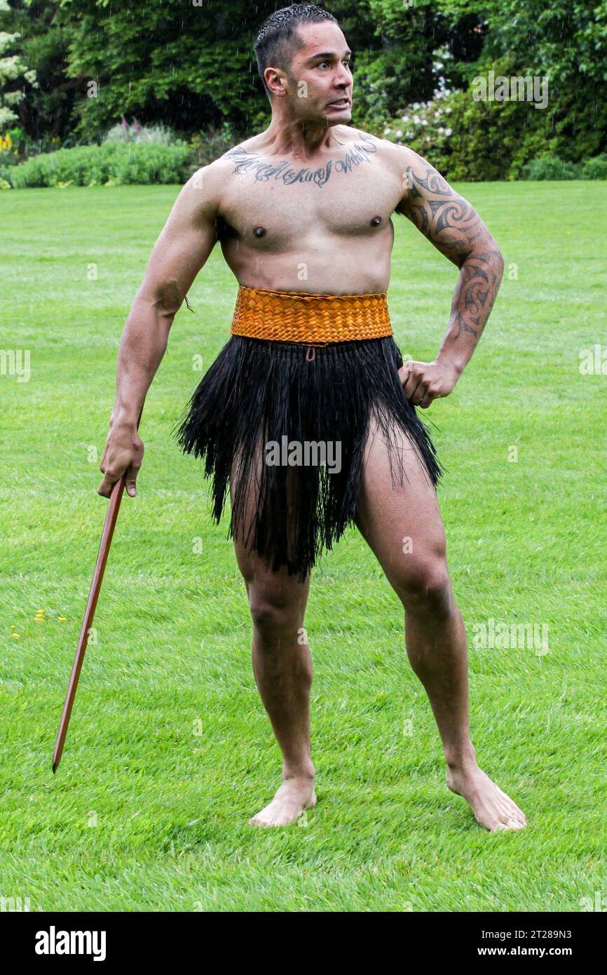 A maori warrior performs a powhiri (maori welcome) for King Willem ...