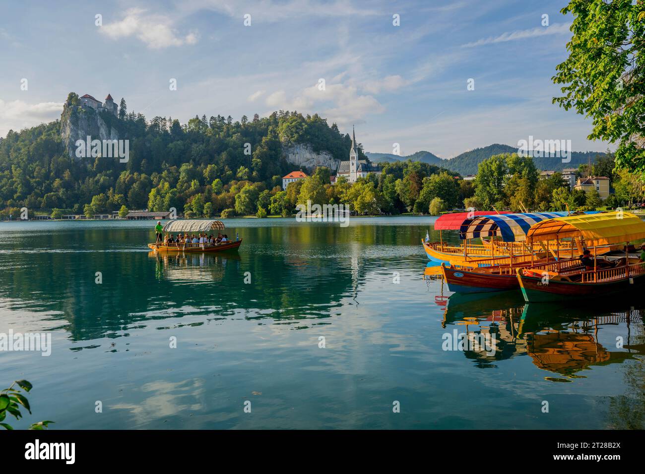 View of Lake Bled with docked pletna boats, traditional boats ...