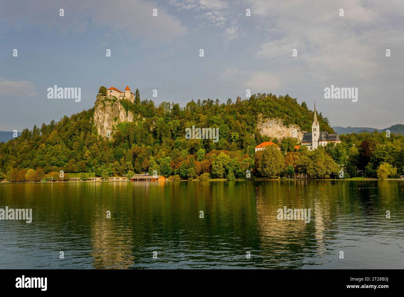 View of Lake Bled with the Church of St. Martin and the Bled Castle, in ...