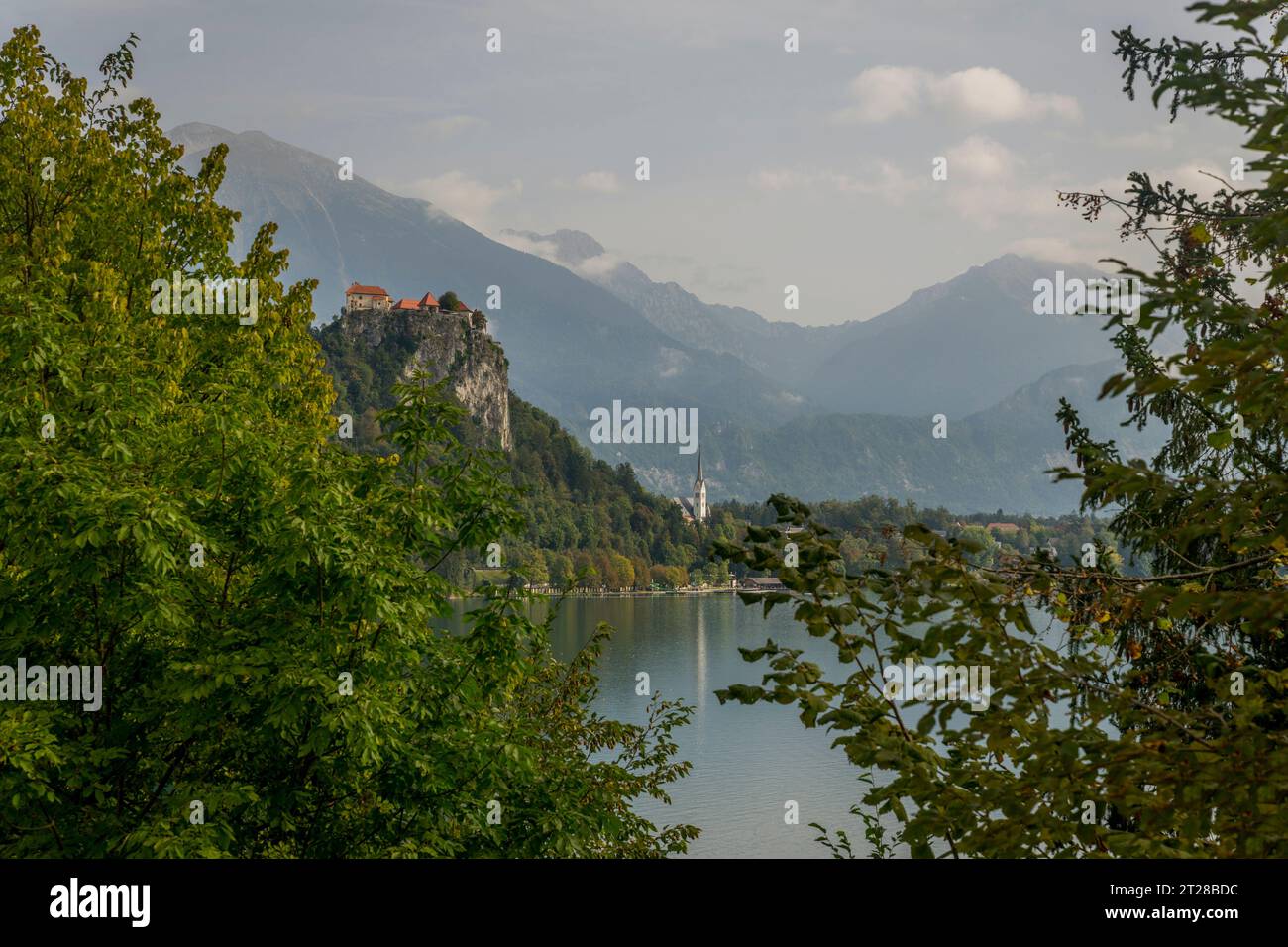 View from Bled Island of Lake Bled with the Church of St. Martin and ...