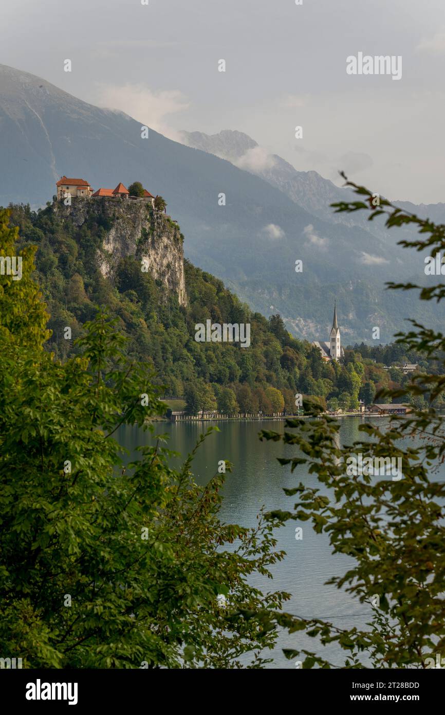View from Bled Island of Lake Bled with the Church of St. Martin and ...