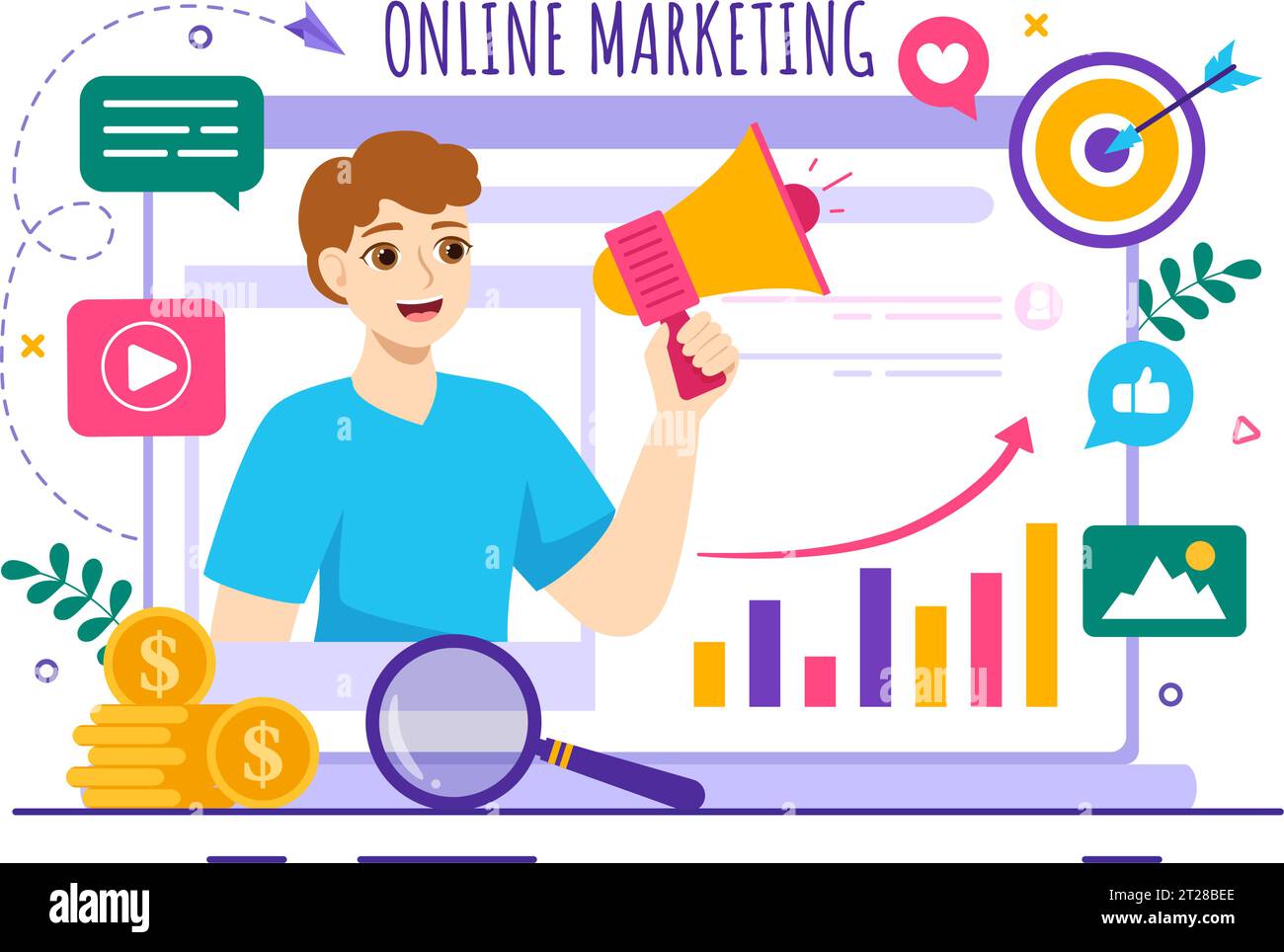 Digital Online Marketing Vector Illustration with Business Analysis ...