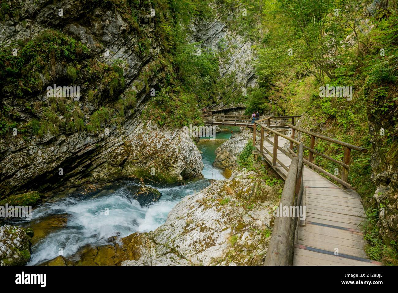 People walking on boardwalks through the Vintgar Gorge or Bled Gorge, a ...
