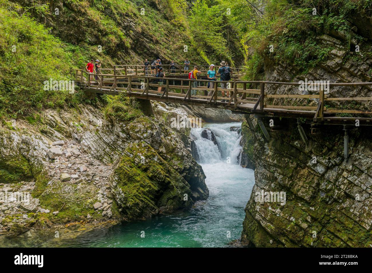 People walking on boardwalks through the Vintgar Gorge or Bled Gorge, a ...