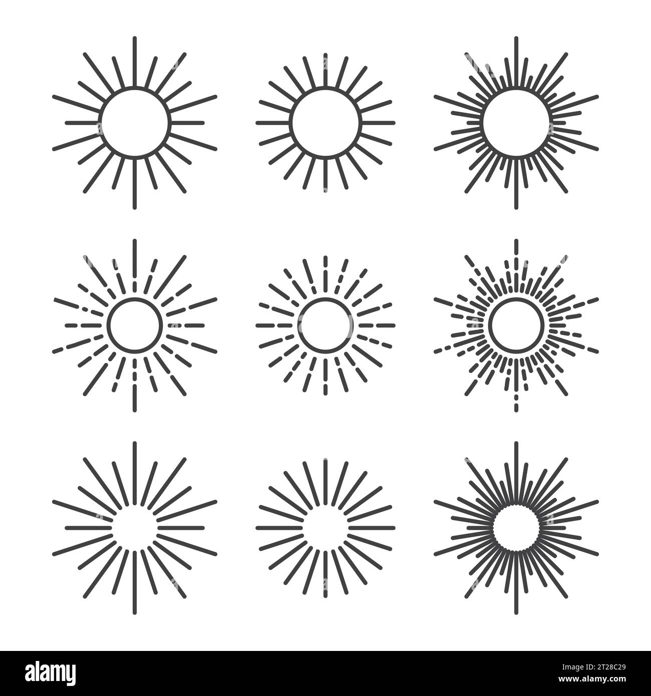 Set of line art sunburst icons outline sun vector illustration Stock ...