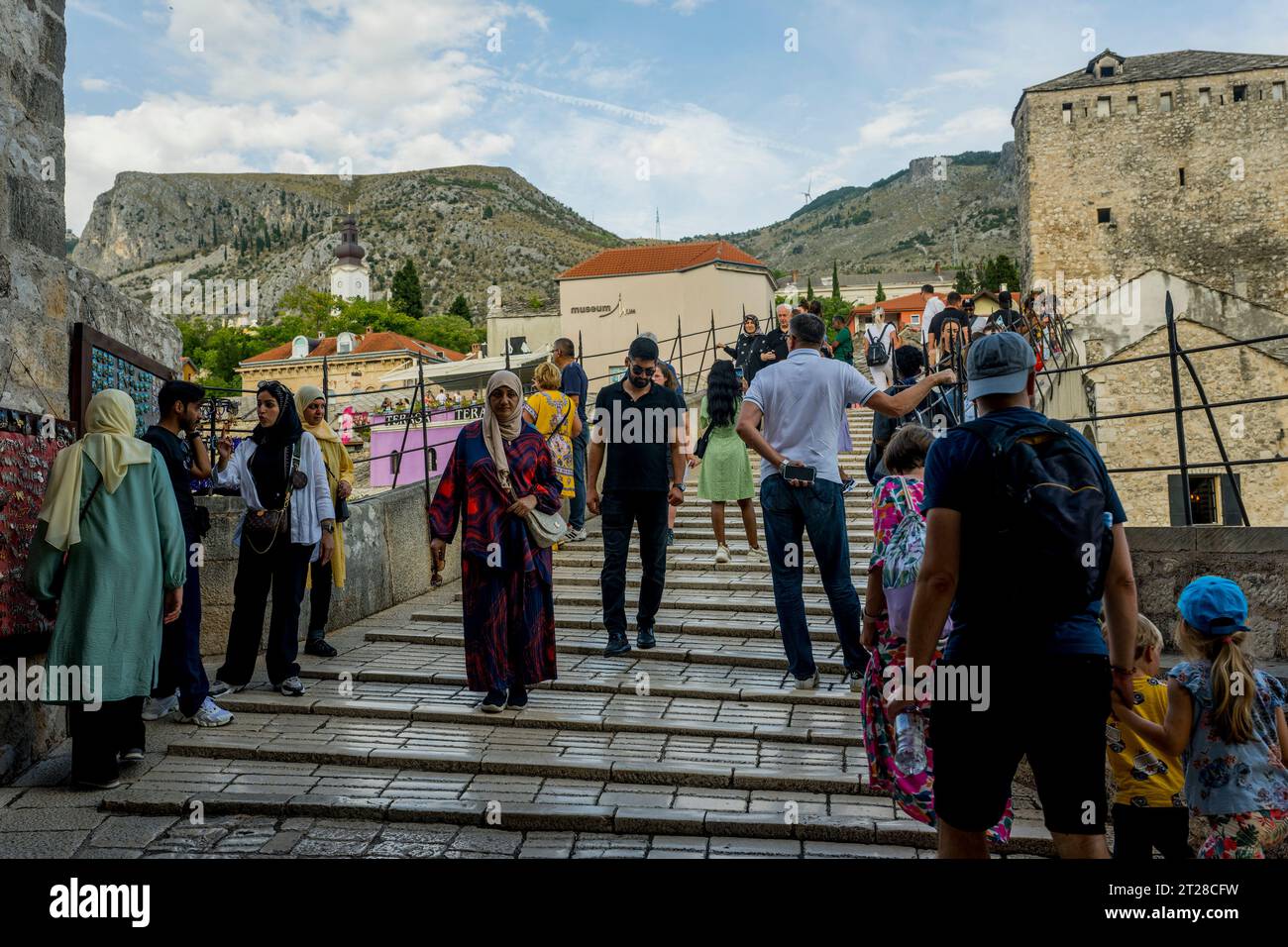 People on the Stari Most Bridge (UNESCO World Heritage Site), also ...