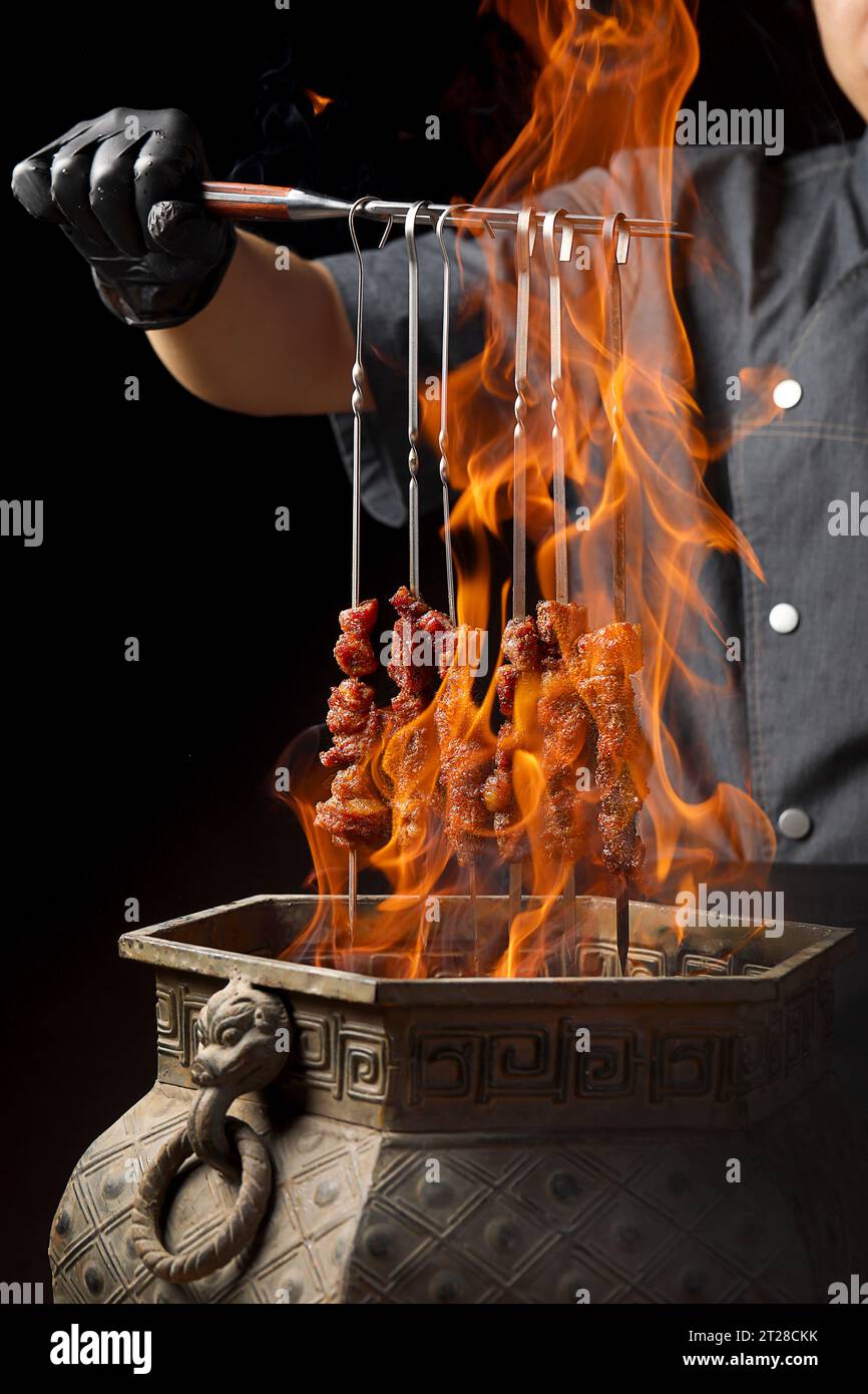 Shashlik. Kebab. Grilled barbecue meat with spices，beef skewers in ...