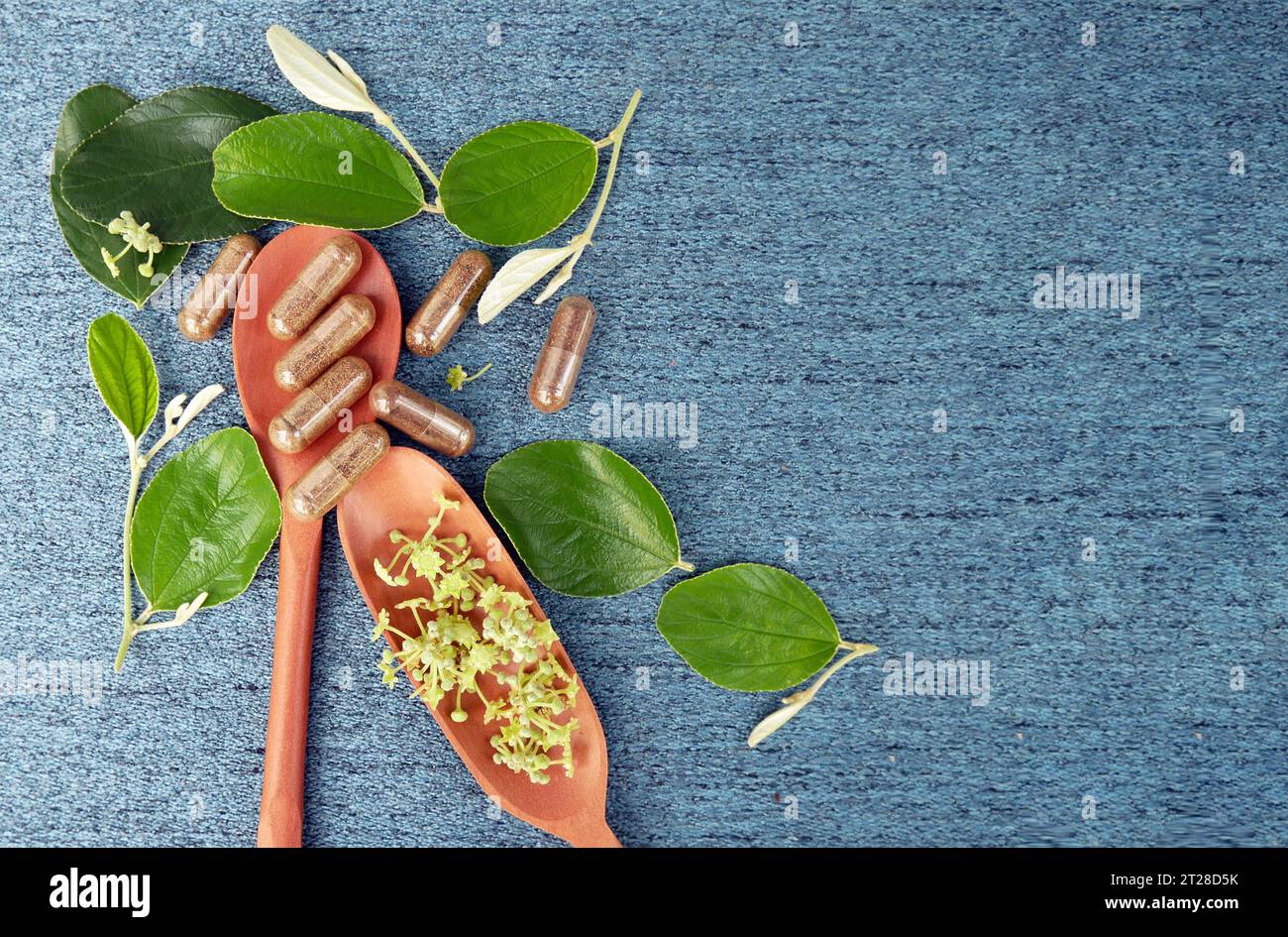 Herbal capsules from bidara with leaf on blue denim background ...