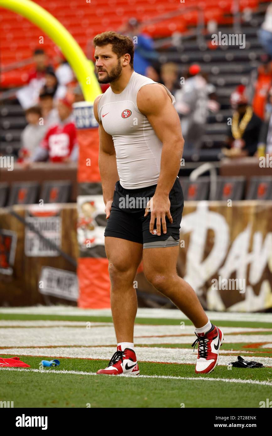 San Francisco 49ers defensive lineman Nick Bosa (97) warms up prior to ...