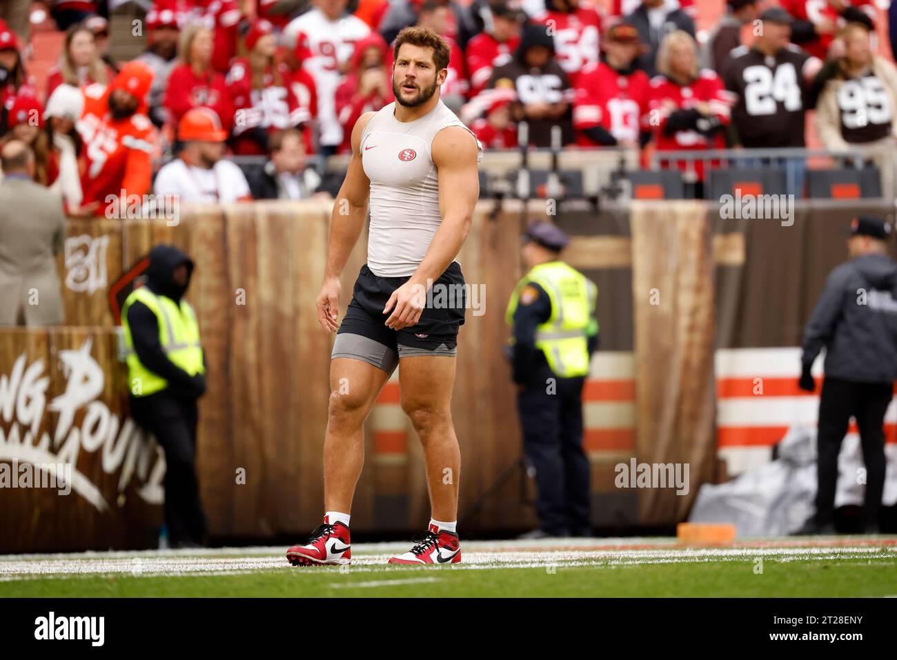 San Francisco 49ers defensive lineman Nick Bosa (97) warms up prior to ...