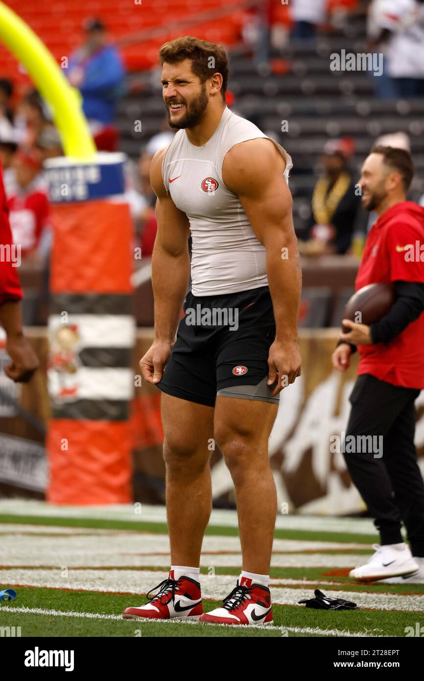 San Francisco 49ers defensive lineman Nick Bosa (97) warms up prior to ...