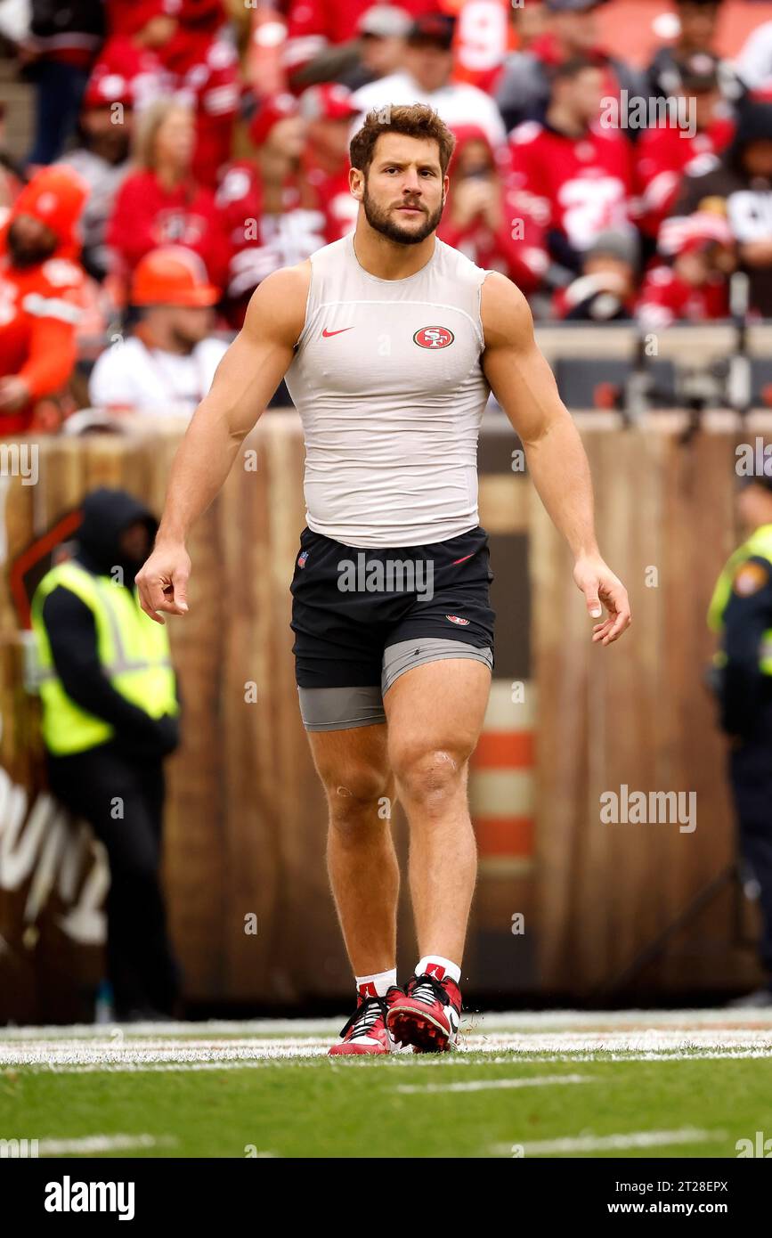 San Francisco 49ers defensive lineman Nick Bosa (97) warms up prior to ...