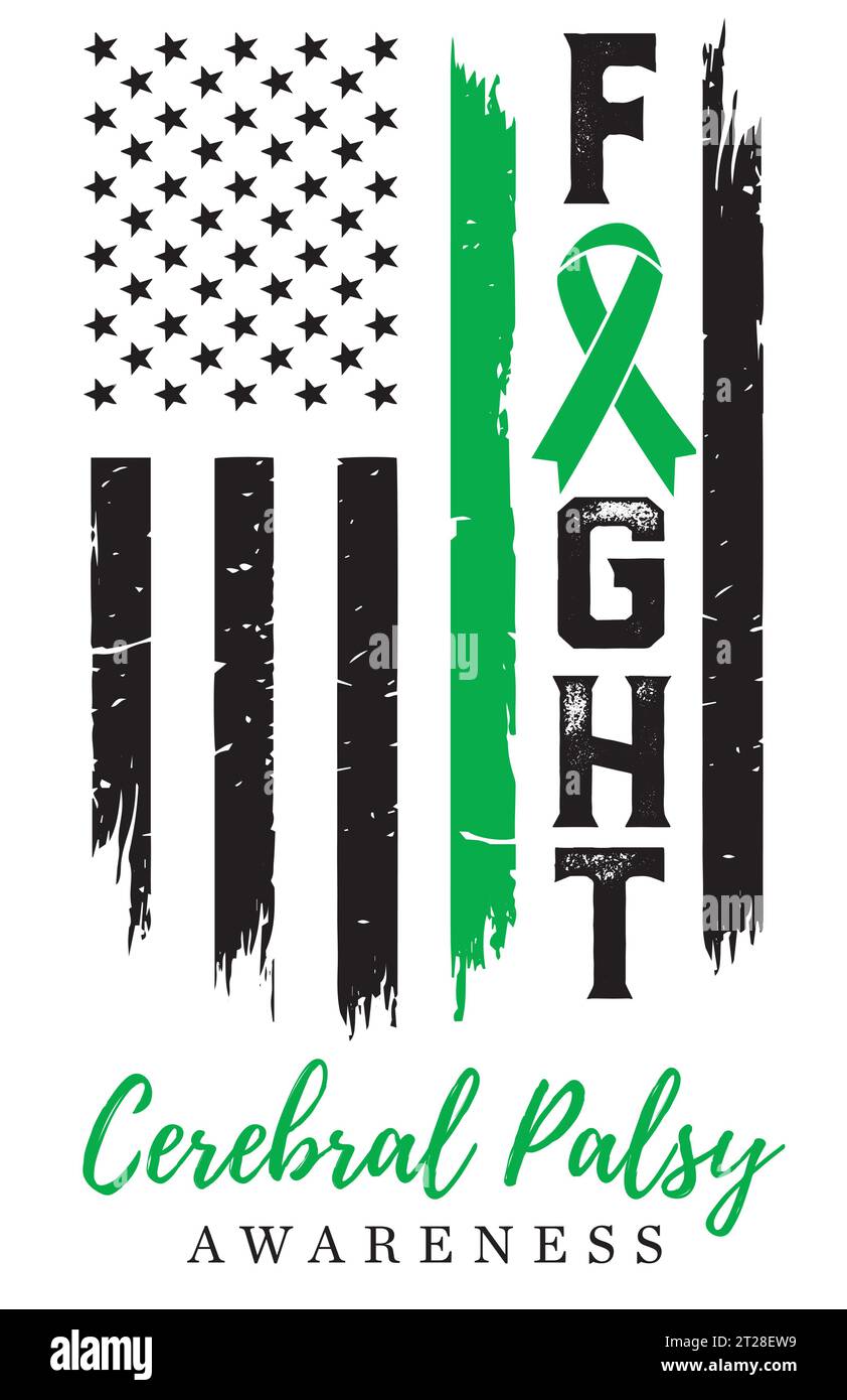 Cerebral Palsy Awareness, Green Ribbon, American Distressed Flag vector ...