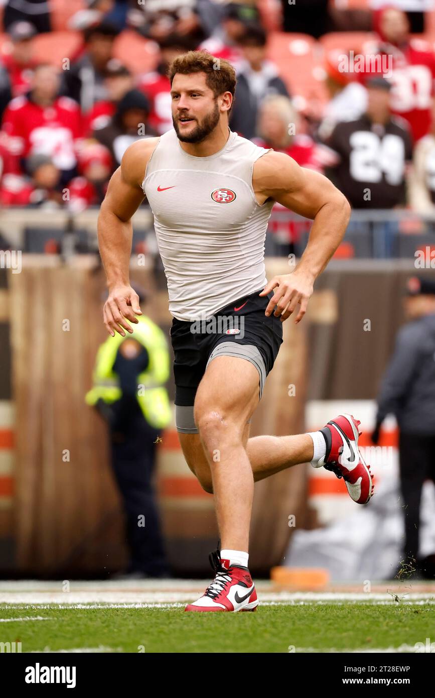 San Francisco 49ers defensive lineman Nick Bosa (97) warms up prior to ...