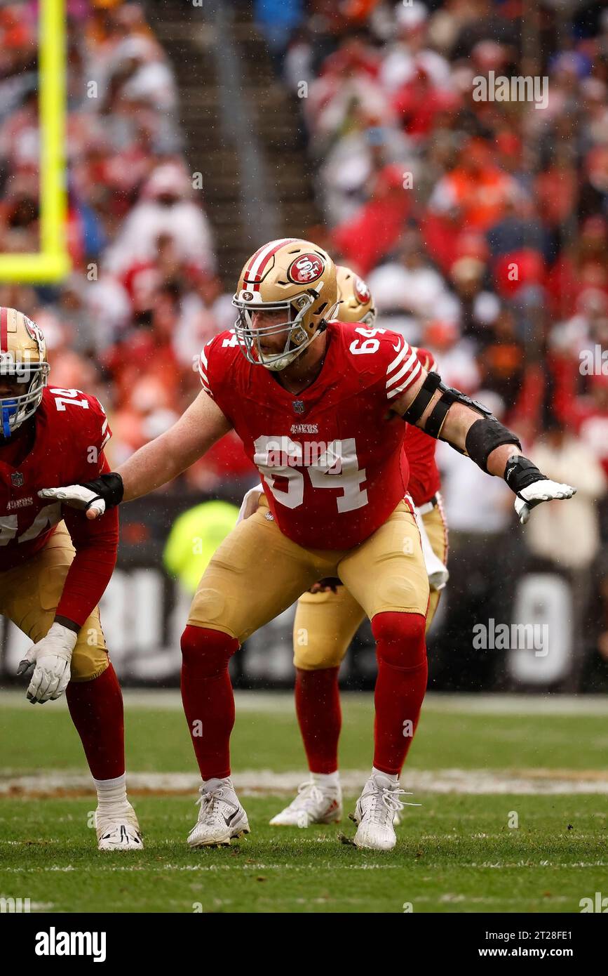 San Francisco 49ers offensive lineman Jake Brendel (64) looks to make a ...