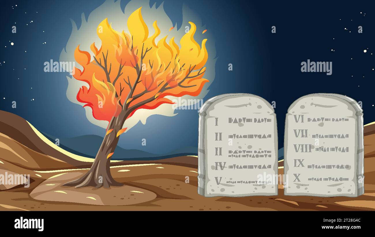 A vibrant vector cartoon illustration depicting Moses and the burning ...