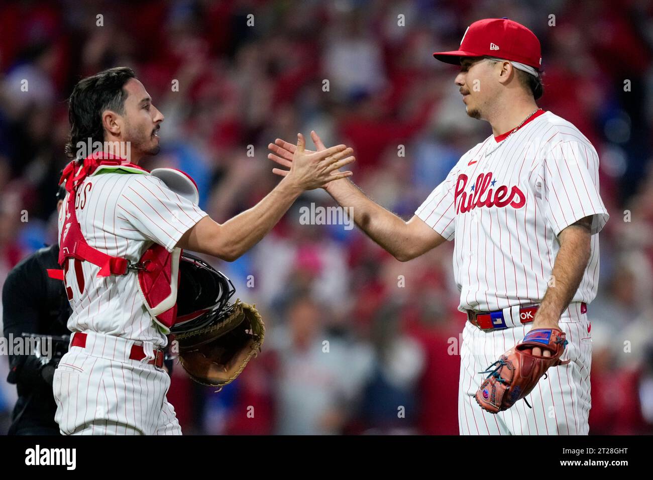 Philadelphia Phillies relief pitcher Orion Kerkering celebrates their ...