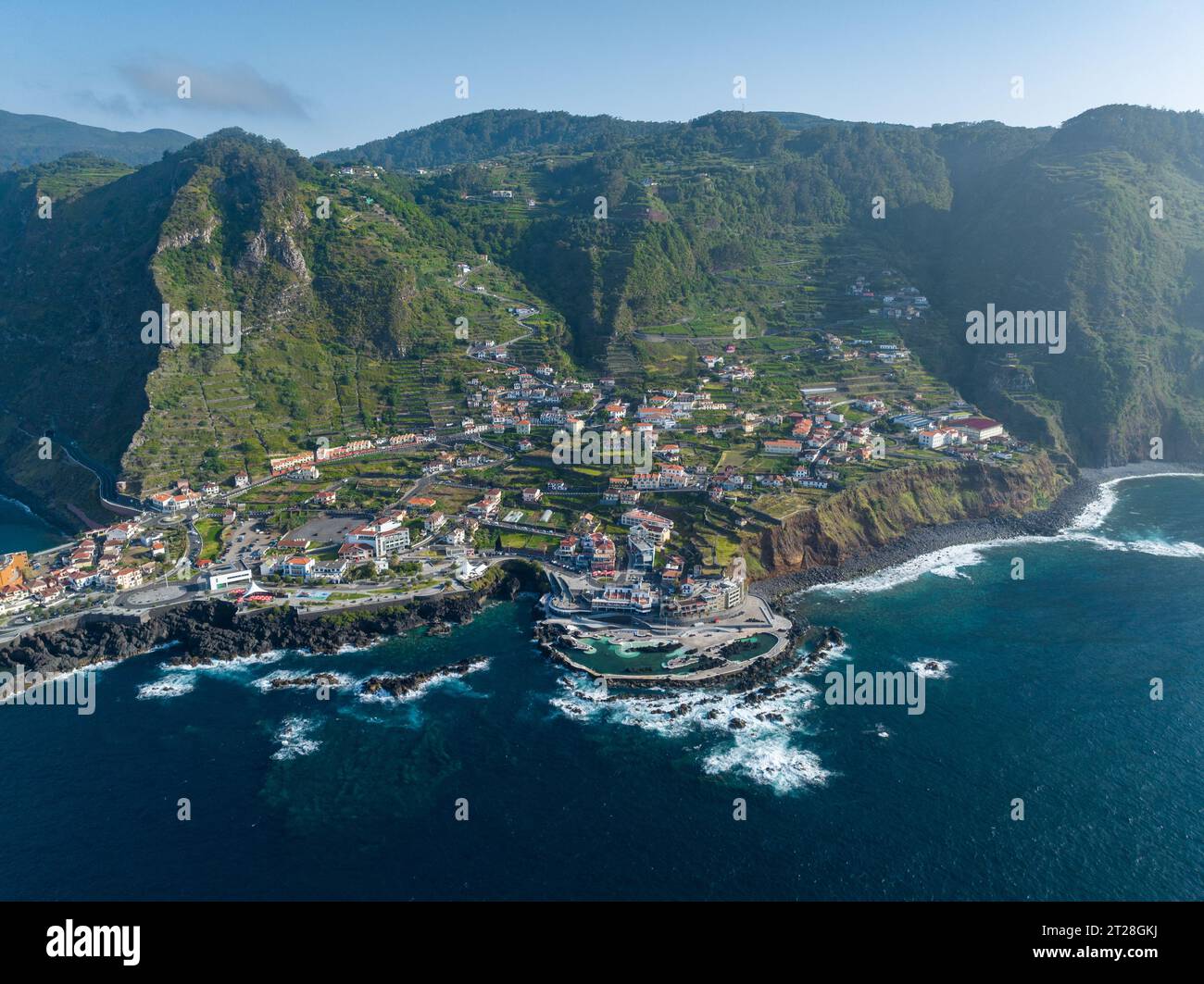 Aerial view of Porto Moniz with volcanic lava swimming pools,Madeira ...