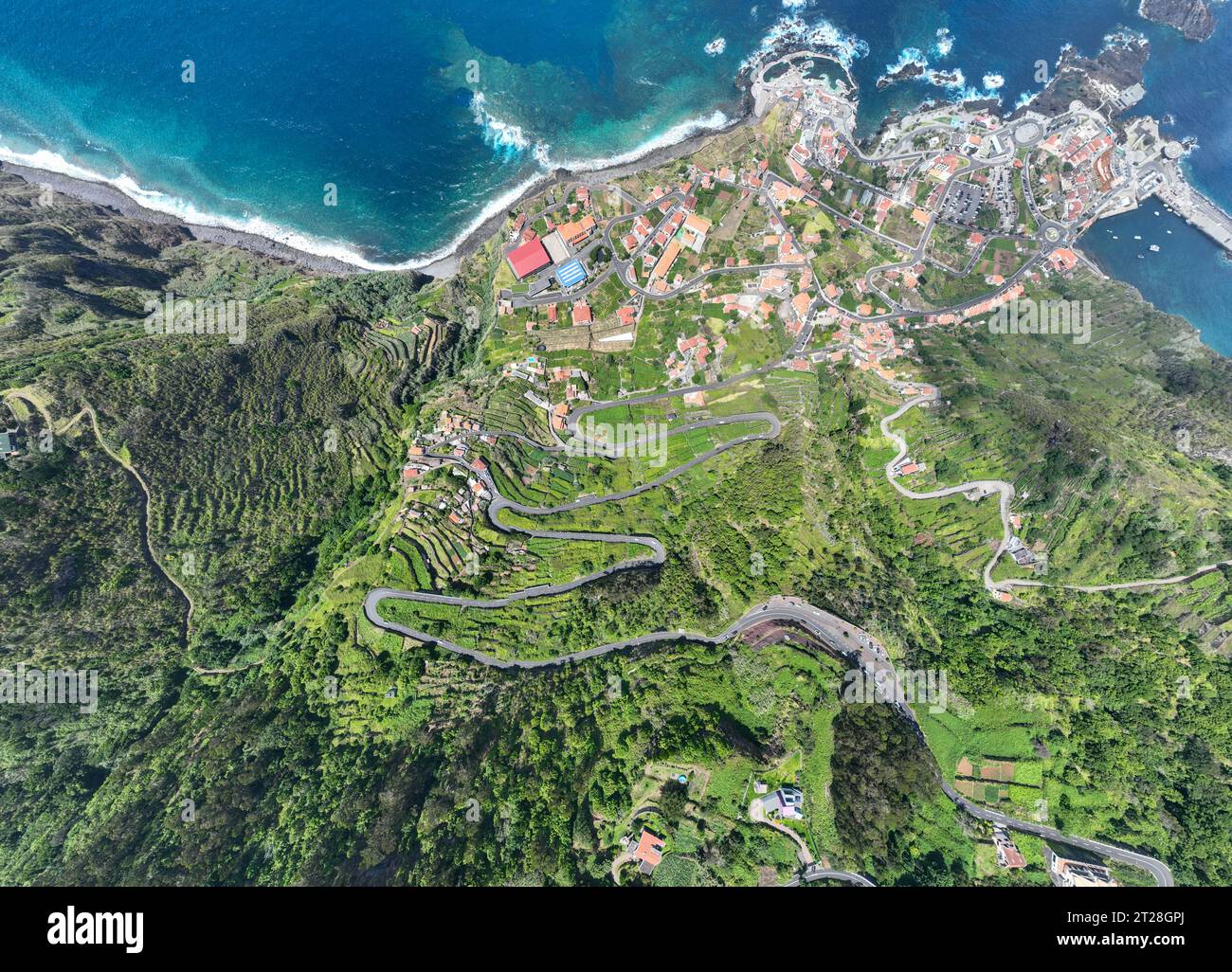 Aerial view of Porto Moniz with volcanic lava swimming pools,Madeira ...
