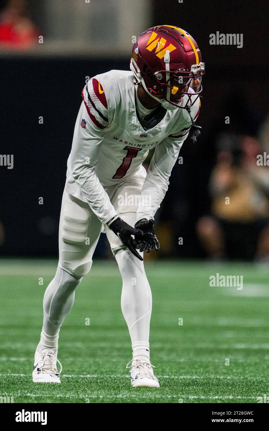 Washington Commanders wide receiver Jahan Dotson (1) lines up during ...