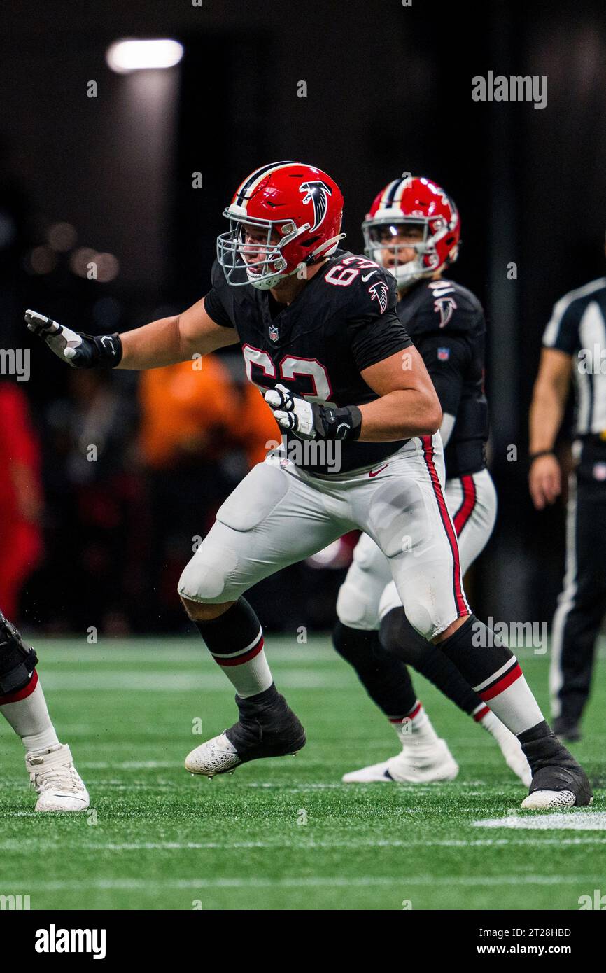 Atlanta Falcons guard Chris Lindstrom (63) works during the first half ...