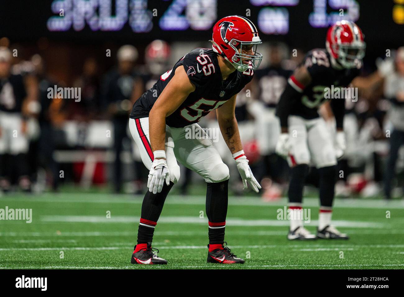Atlanta Falcons linebacker Kaden Elliss (55) lines up during the first ...