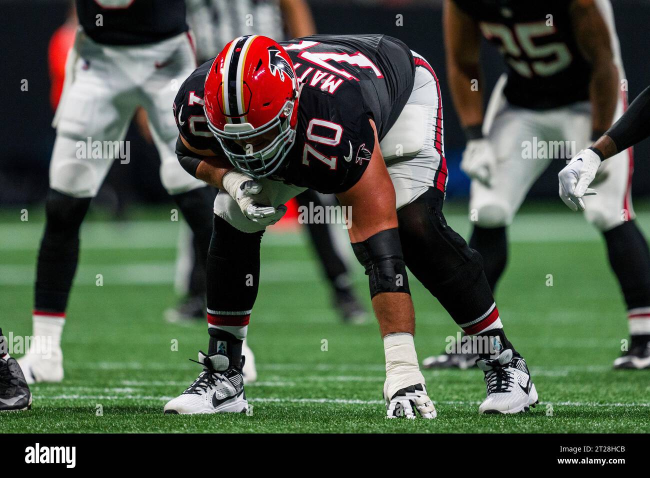 Atlanta Falcons offensive tackle Jake Matthews (70) lines up during the ...